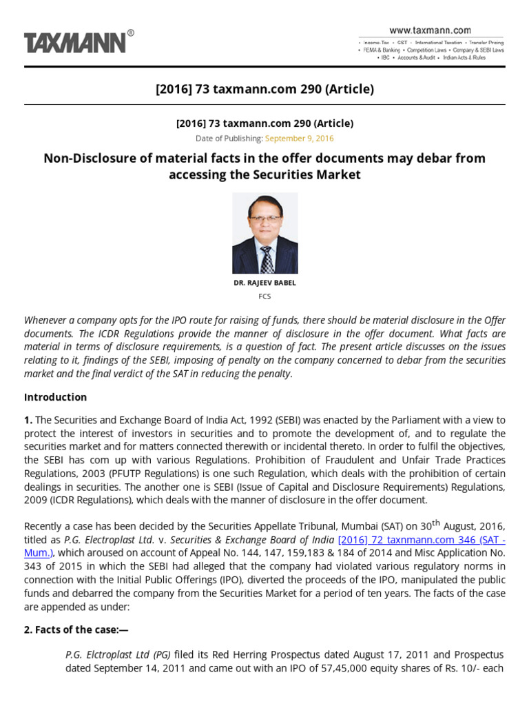 2016 73 Taxmann Com 290 Article Non Disclosure of Material Facts in The ...