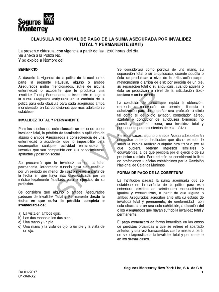 Pago de La Suma Asegurada Por Invalidez Total y Permanente (Bait) | PDF ...