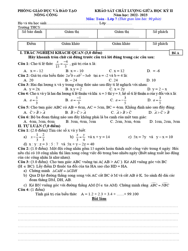 De Giua Hoc Ky 2 Toan 7 Nam 2022 2023 Phong GDDT Nong Cong Thanh Hoa | PDF