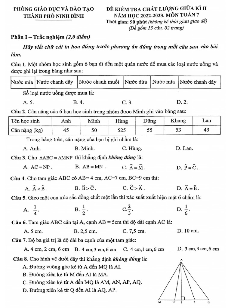 De Giua Ki 2 Toan 7 Nam 2022 2023 Phong GDDT Thanh Pho Ninh Binh | PDF