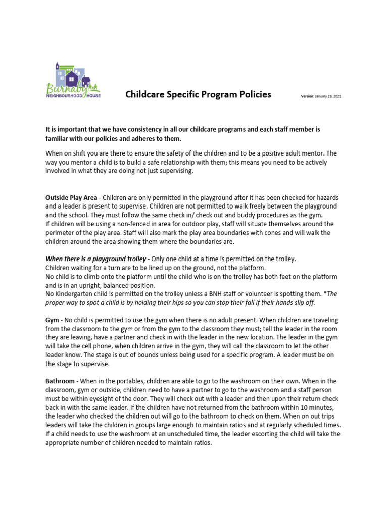 Childcare Program Policies PDF Playground