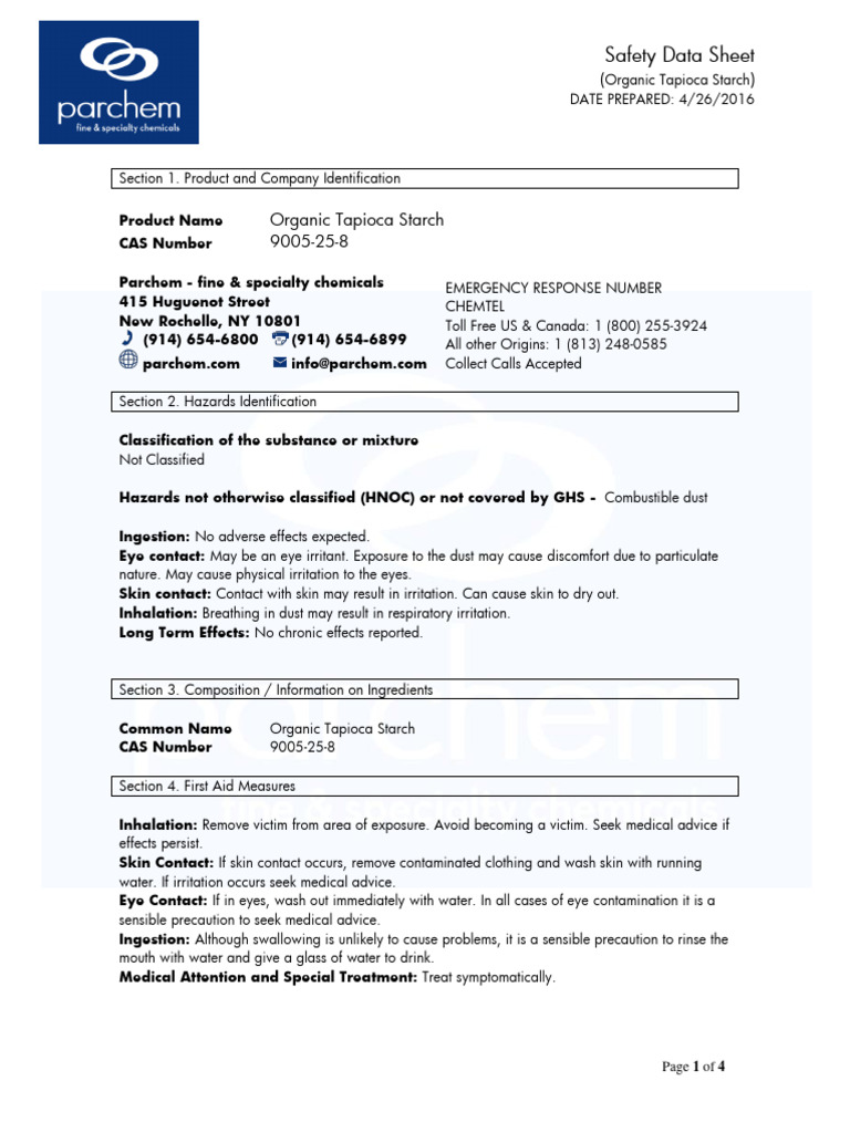 Organic Tapioca Starch Safety Data Sheet | PDF | Dangerous Goods | Firefighter