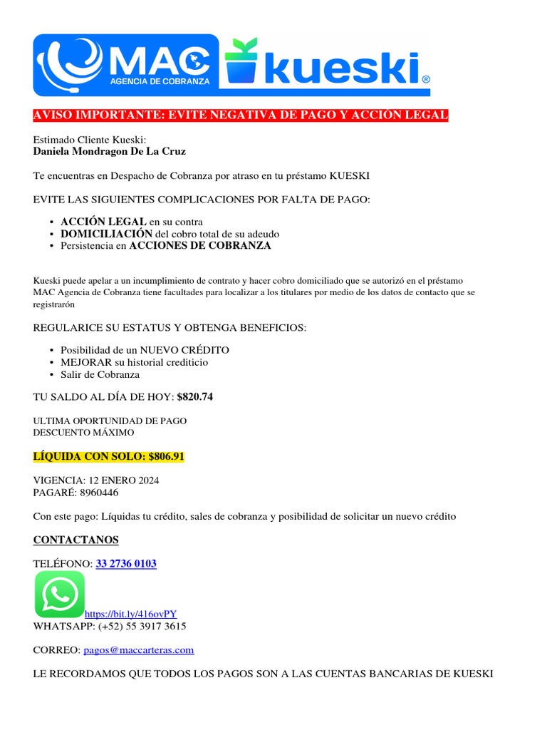 Última Oportunidad Pago Kueski | PDF | Finanzas personales | Economias
