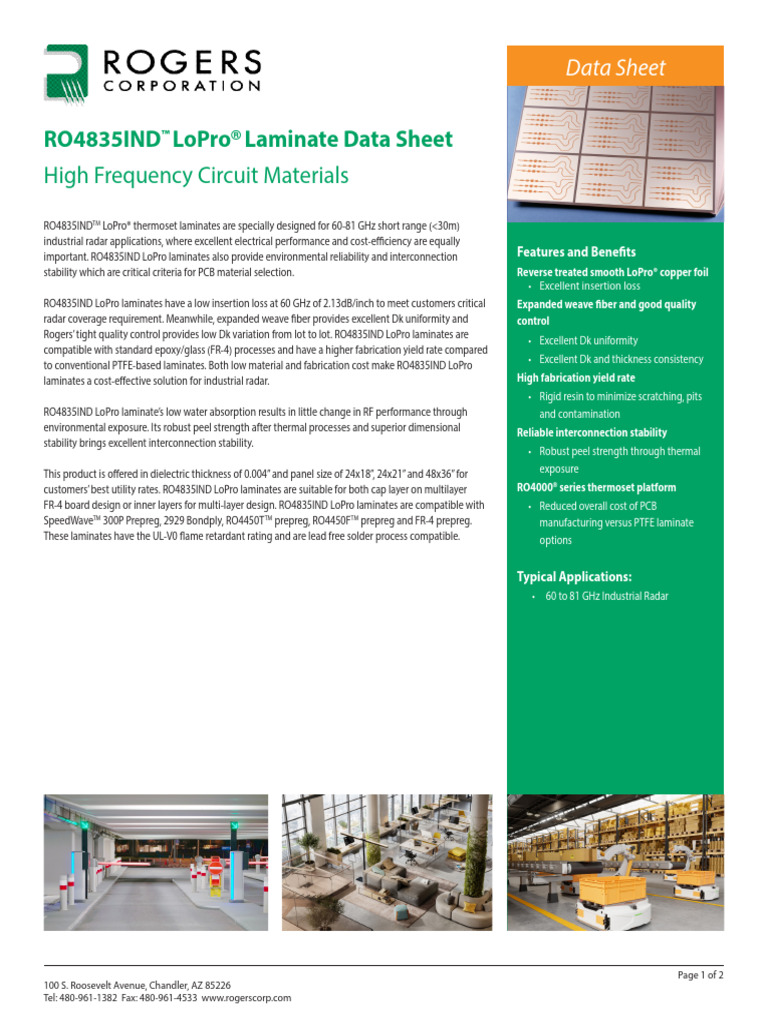 RO4835IND LoPro Laminate Data Sheet | PDF | Materials | Physical Sciences