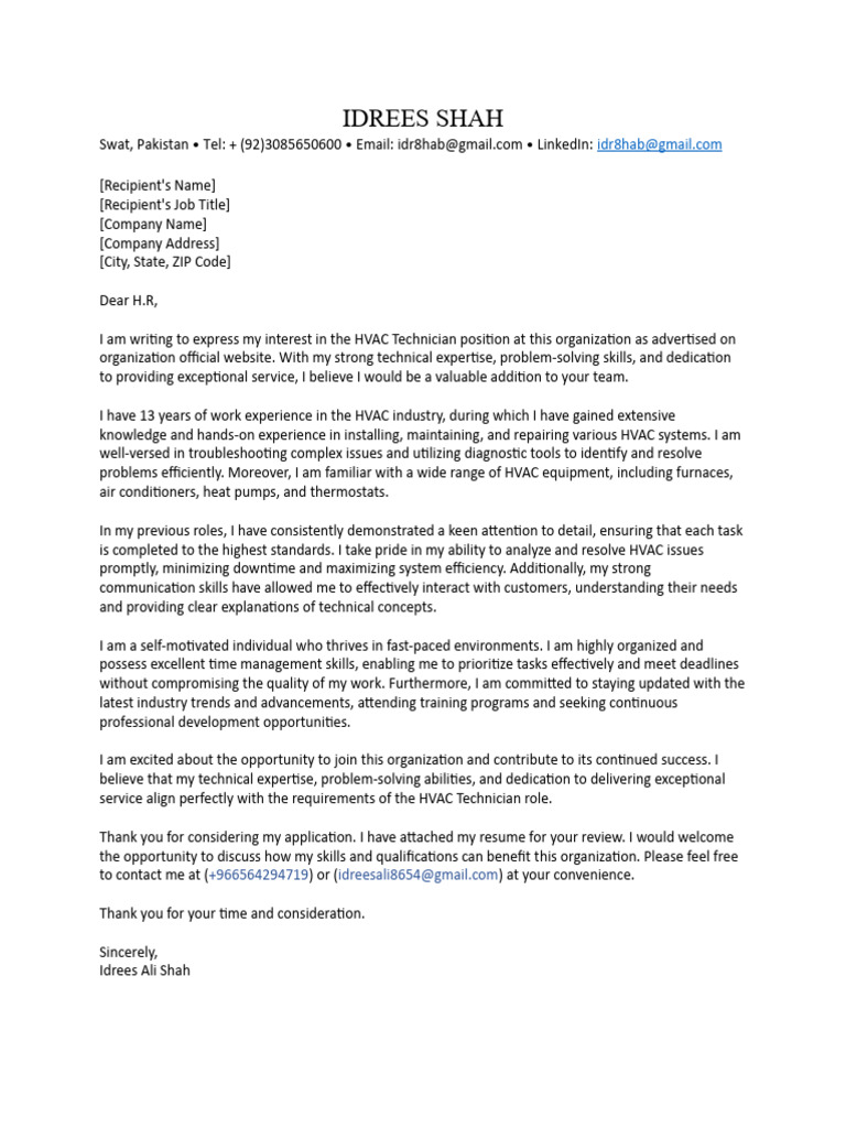 Cover Letter Format HVAC Technician | Download Free PDF | Expert ...