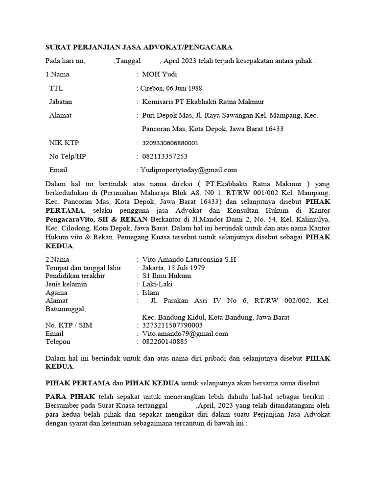 SURAT PERJANJIAN JASA ADVOKAT | PDF