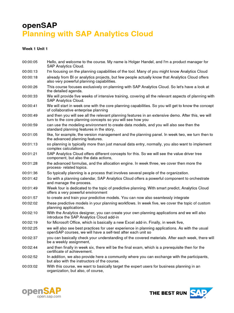 openSAP Sac3 Week 1 Transcript | PDF | Analytics | Forecasting