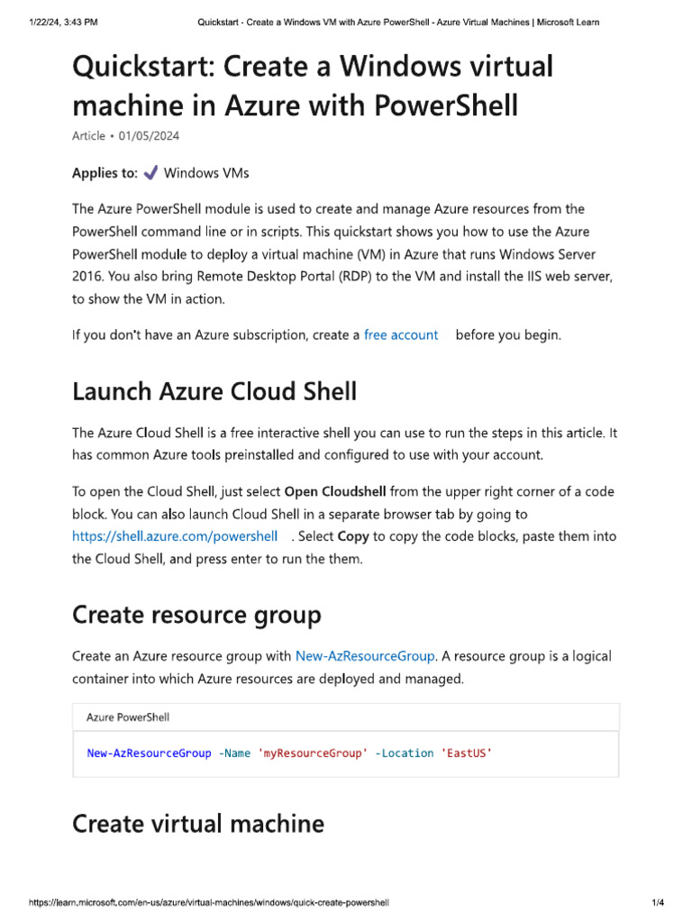 Azure Win VM Powershell LAB | PDF