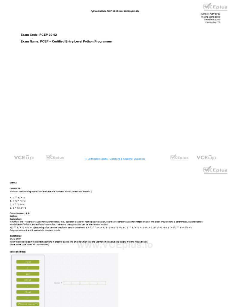 Python-Institute PCEP-30-02 Vnov-2023 by - Lin - 19q | PDF | Control Flow | Compiler