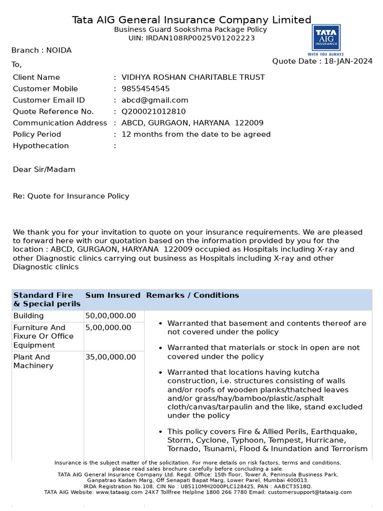 Tata AIG General Insurance Company Limited: Business Guard Sookshma ...