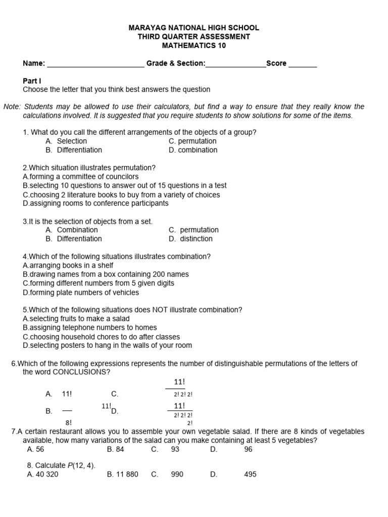 3rd Quarter Assessment Math 10 | PDF | Probability | Permutation