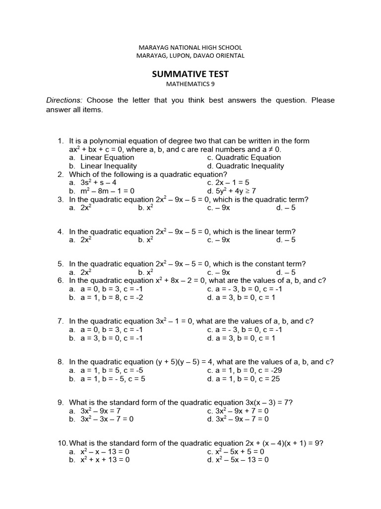 2020 Summative Test Math 9 | PDF | Equations | Mathematical Objects