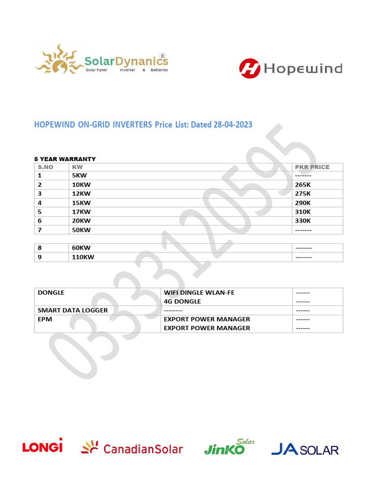 HOPEWIND ON-GRID INVERTERS Price List | PDF
