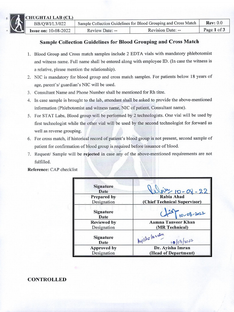 Sample Collection Guidelines For Blood Grouping and Cross Match (0.0 ...