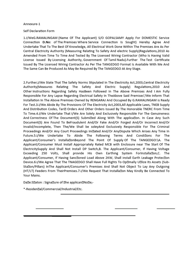 TNEB Annexure-1 Self Declaration Form | PDF | Mains Electricity | Power (Physics)