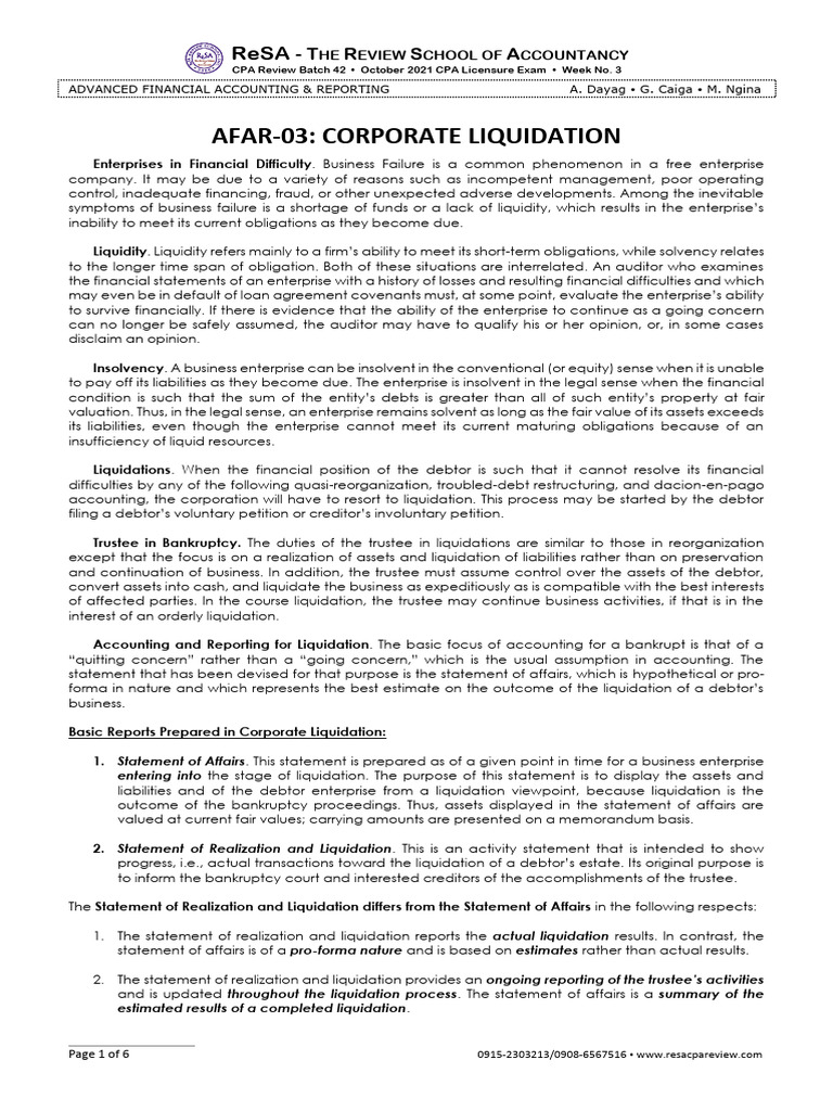 AFAR 03 Corporate Liquidation | PDF