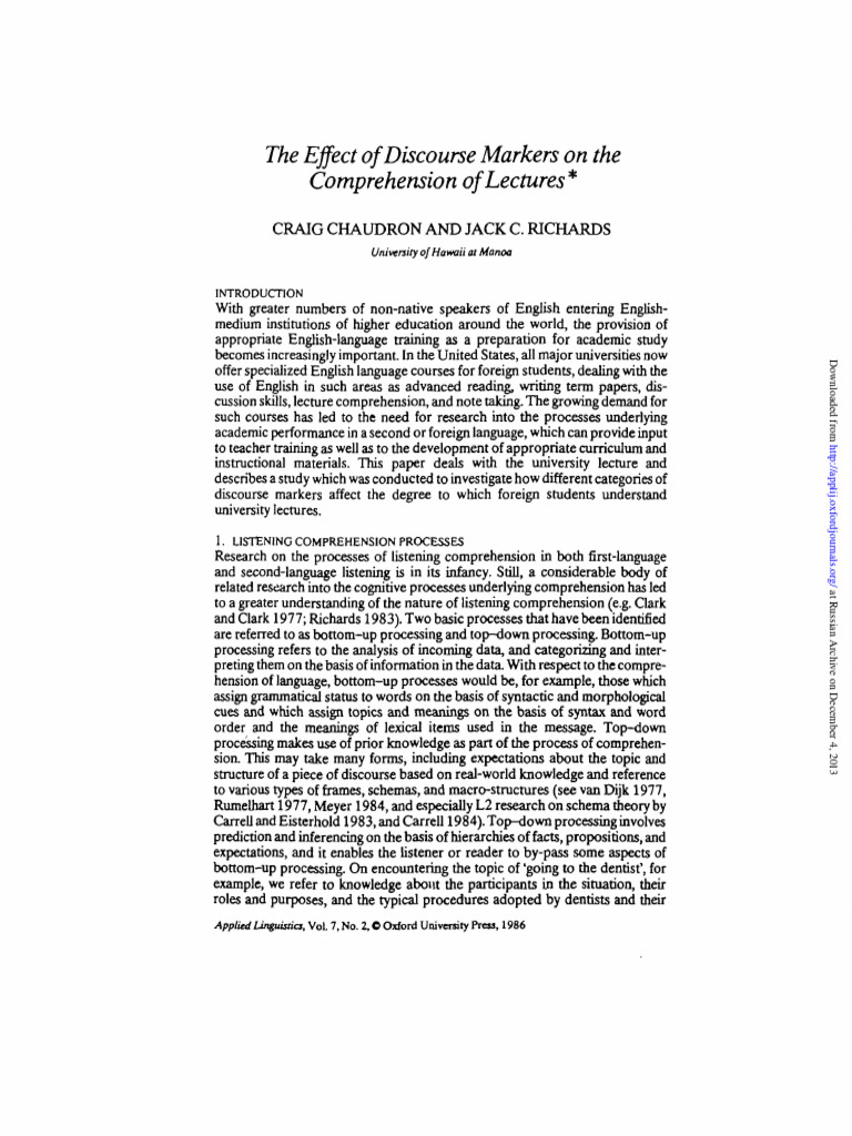 The Effect of Discourse Markers On The Comprehension of Lecture | PDF ...