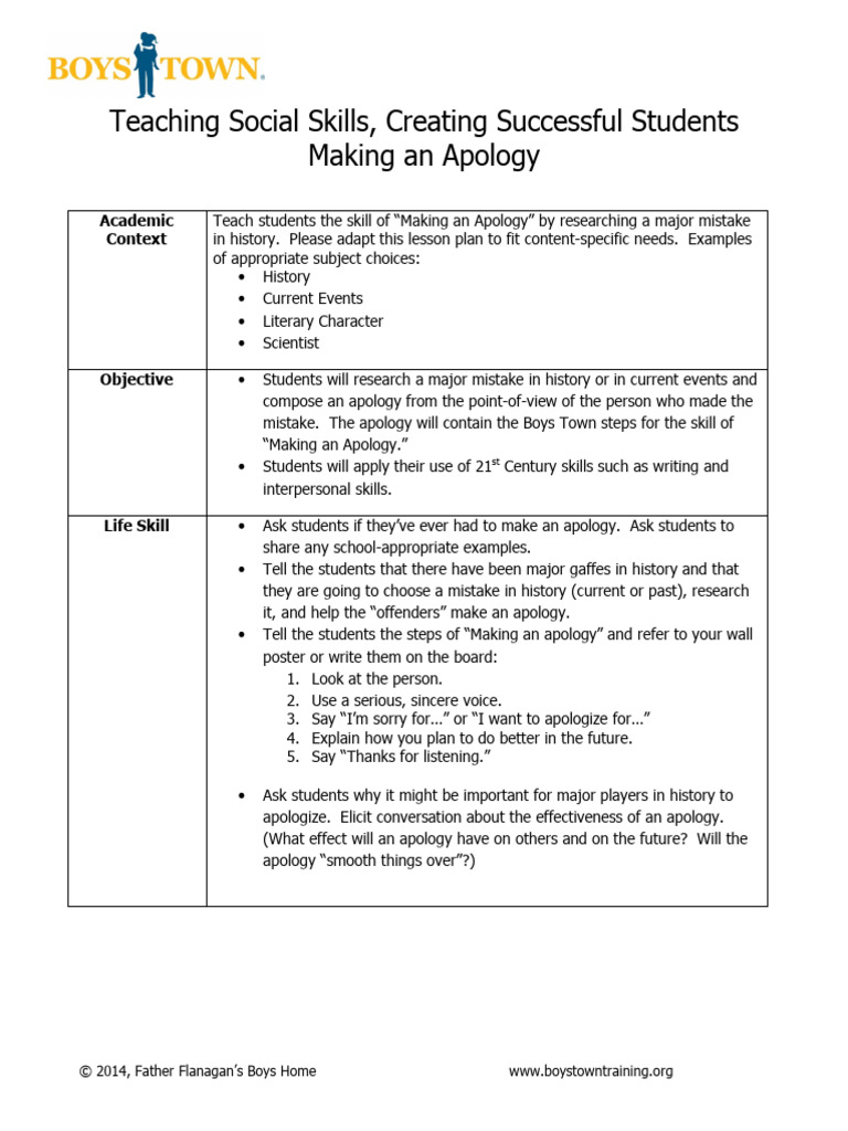 Making An Apology Lesson Plan | PDF | Wellness