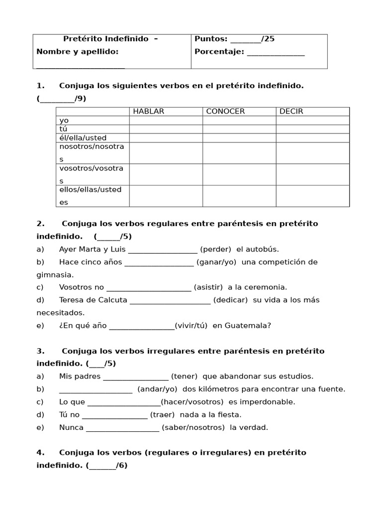 Preterito Indefinido MINI TEST | PDF