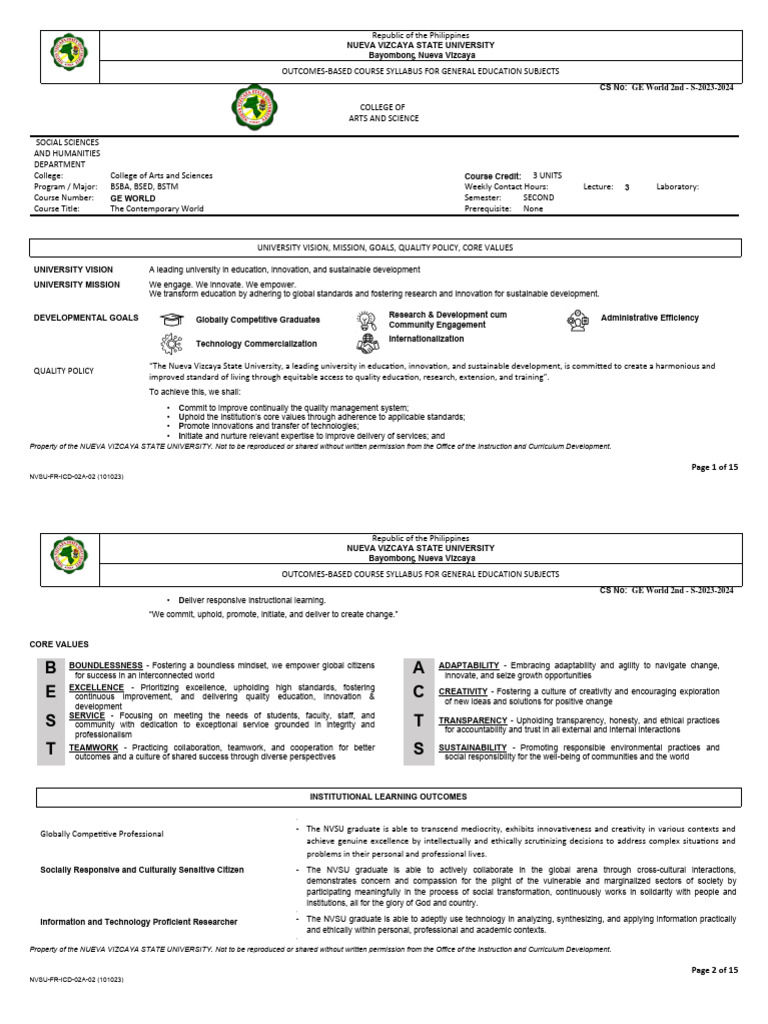 Obe Syllabus Ge World Sem 2 2023 2024 | PDF | Globalization | Learning Obe Syllabus Ge World Sem 2 2023 2024 | PDF | Globalization | Learning