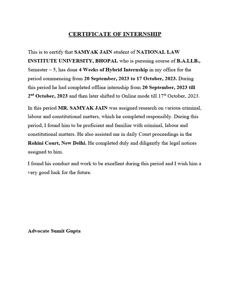 Certificate of Internship - Rohini Court | PDF