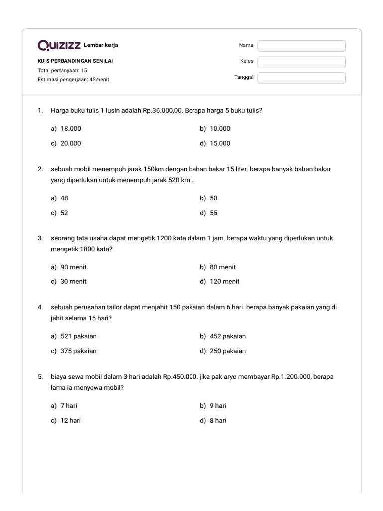 Kuis Perbandingan Senilai 15 Soal | PDF