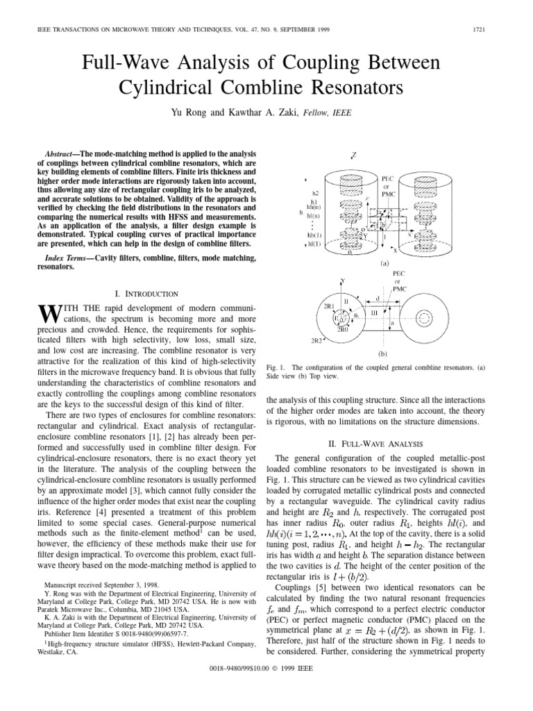 Full Wave Analysis Of Coupling Between Cylindrical Combline Resonators Pdf Matrix