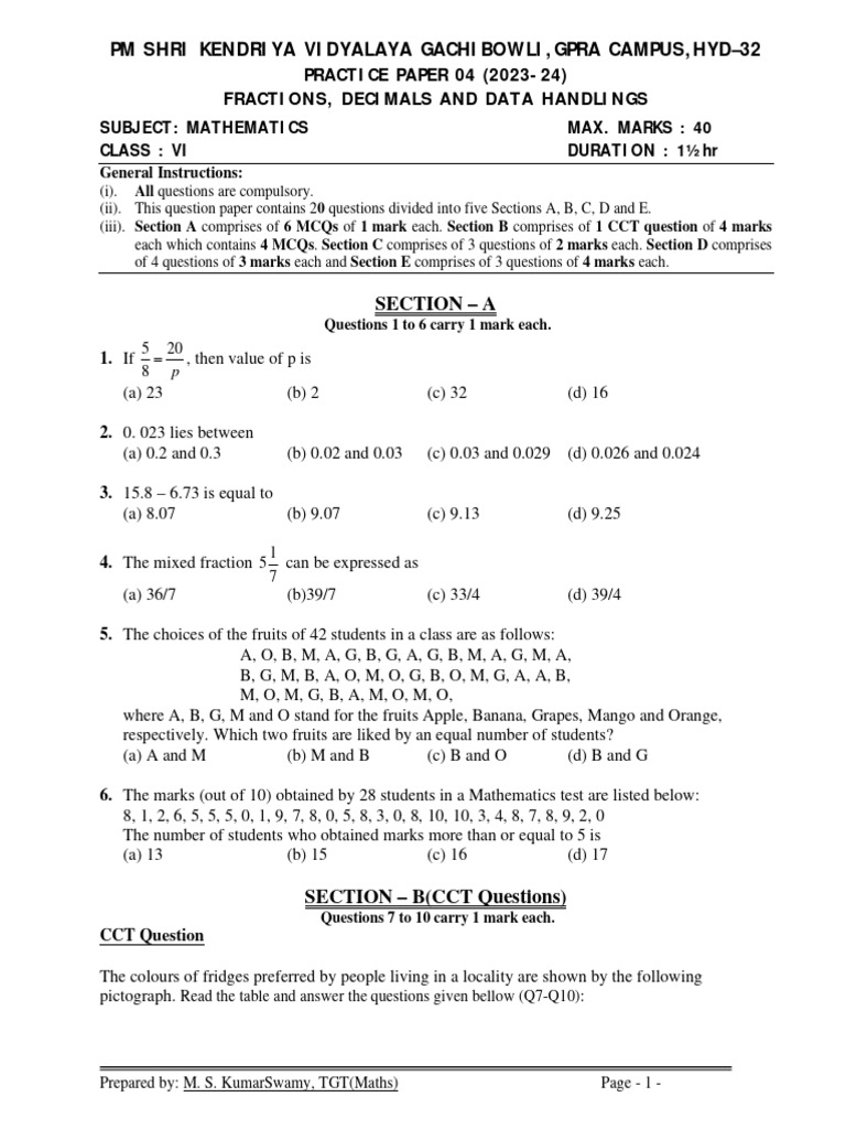 Maths Class Vi Practice Test 04 Fractions Decimals and Data Handlings 1 ...