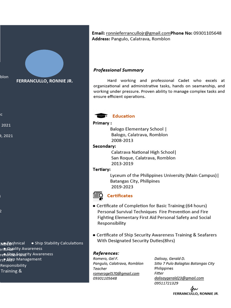 Resume For Cadet | PDF | Water Transport | Shipping