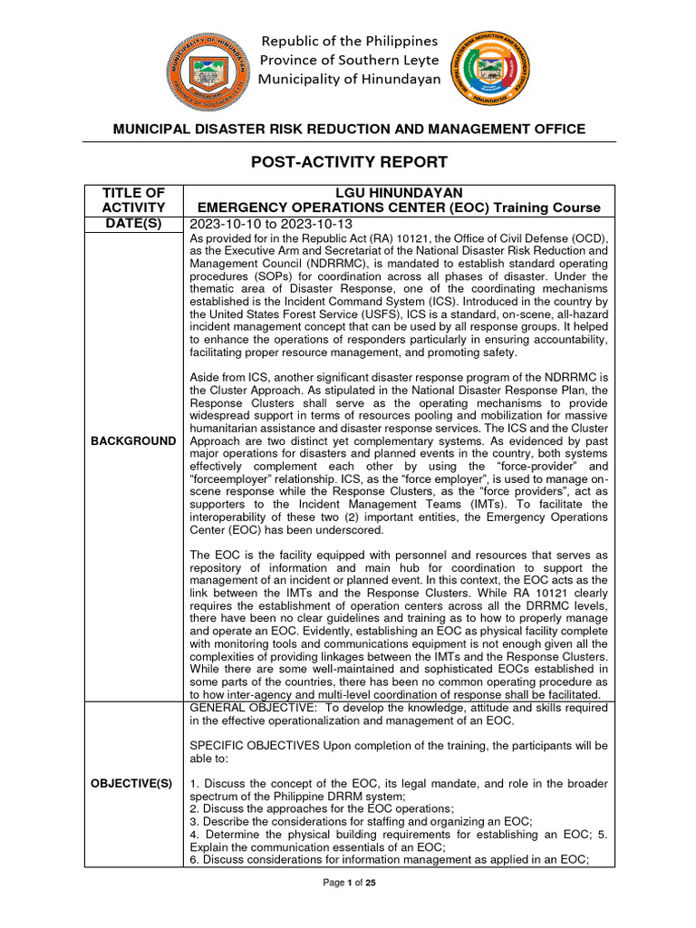 Post-Activity Report Eoc Training | PDF | Emergency Management | Information