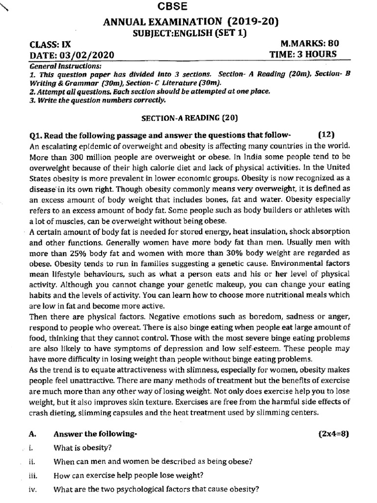 Cbse Class 9 English Set 1 2020 | PDF