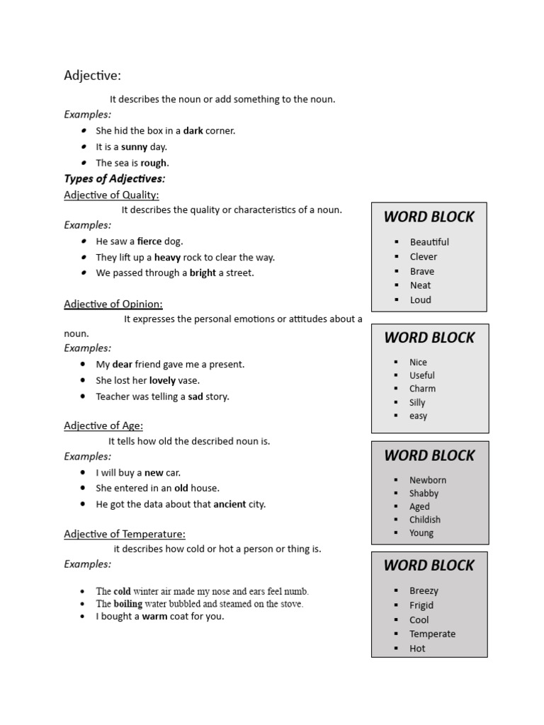 Types and Examples of Adjectives | PDF