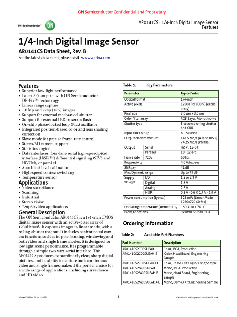 Ar0141cs DS | PDF | Analog To Digital Converter | Pixel