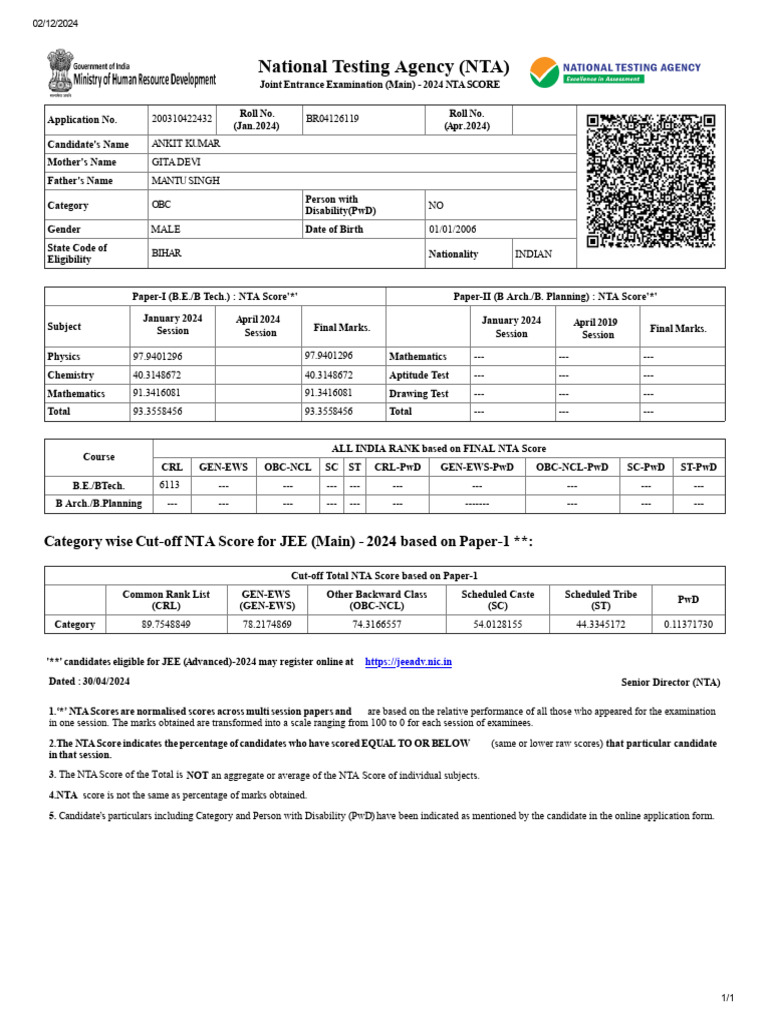 Jee Main Result PDF PDF Tests Student Assessment And Evaluation