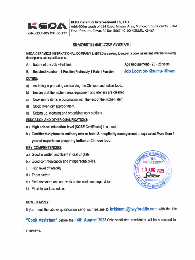 Cook Assistant | PDF