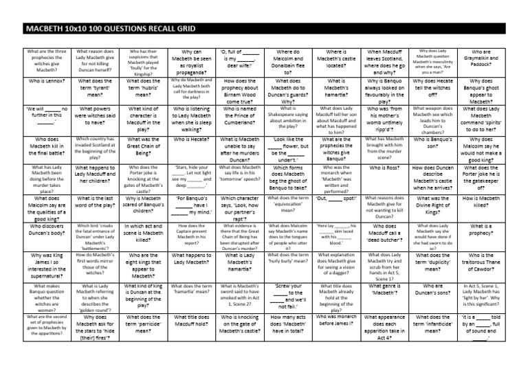 'Macbeth' 10x10 Grid 100 Recall Questions - @SPryke2 | PDF