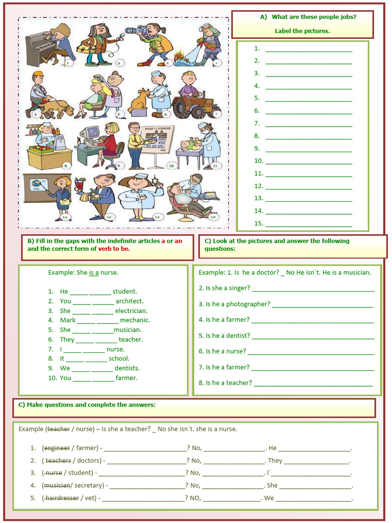 A) What Are These People Jobs? Label The Pictures.: A An Verb To Be | PDF