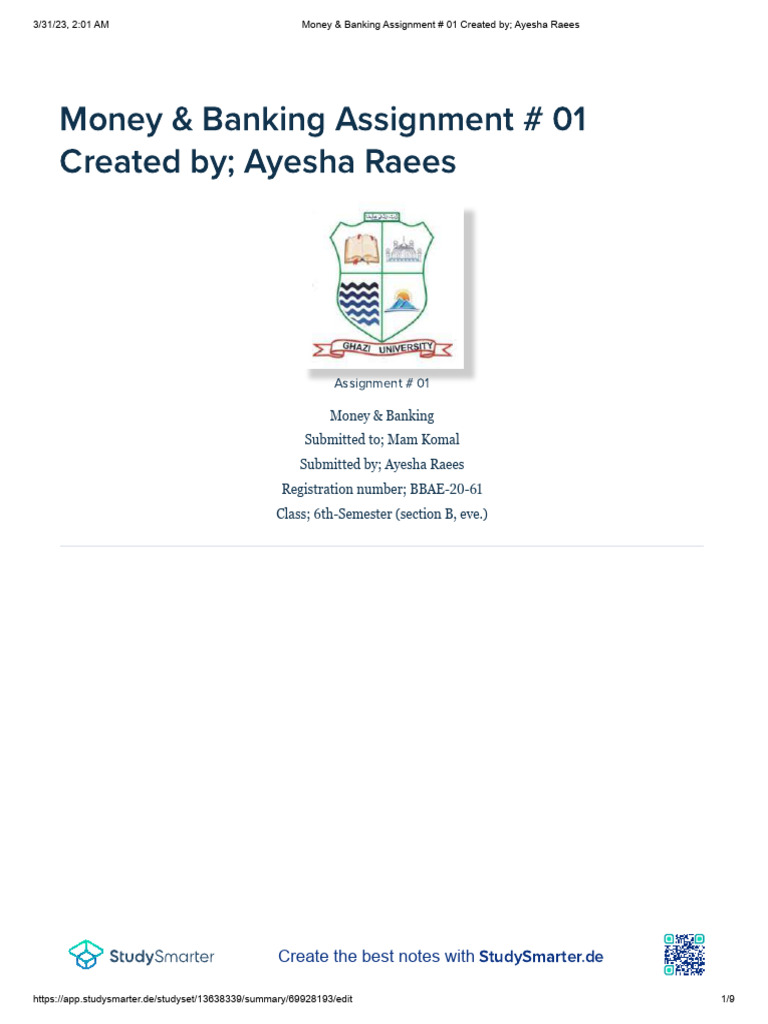 Money & Banking Assignment # 01 Created by Ayesha Raees | PDF | Dividend | Banks