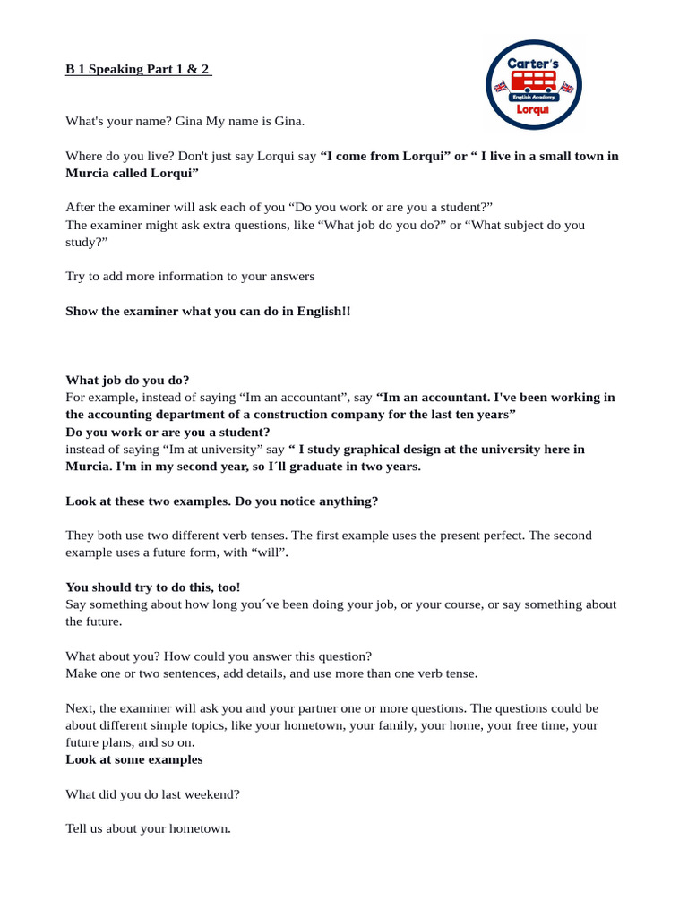 b1 Speaking Part 1 and 2 | PDF | Question | Verb