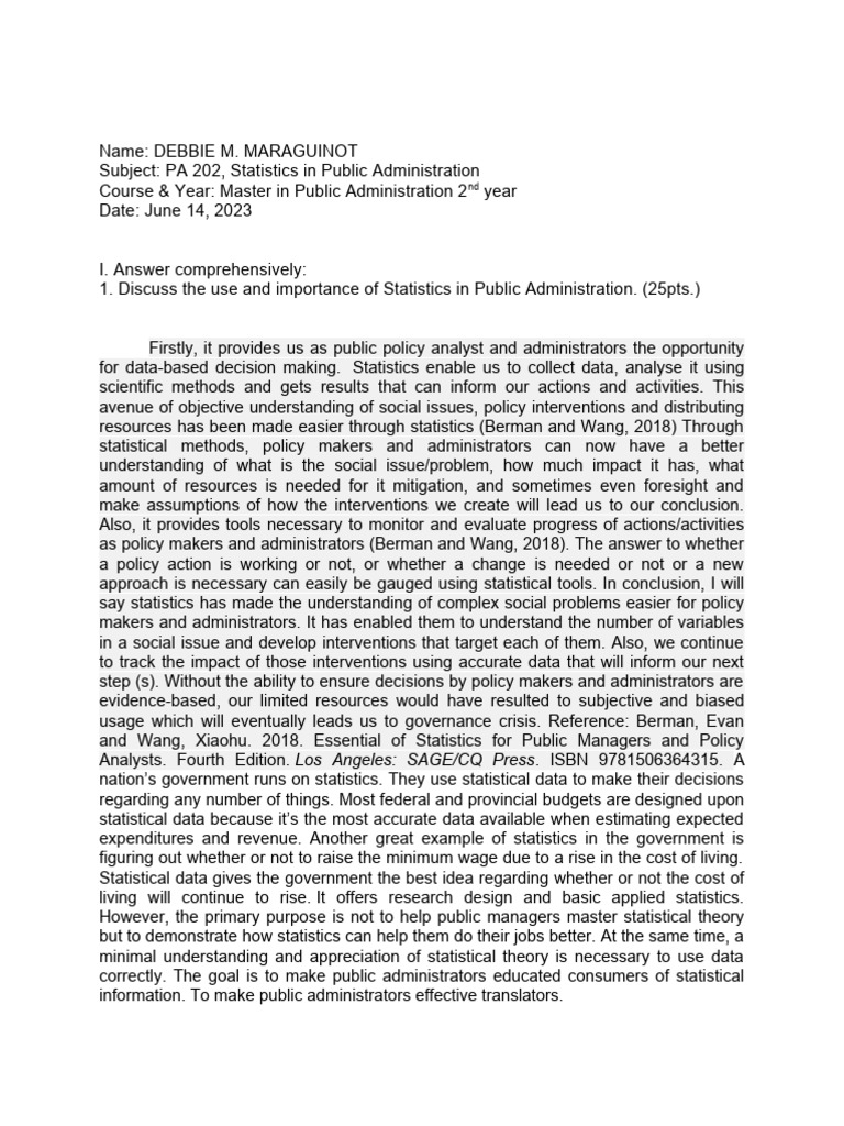PA 202, Statistics in Public Administration FINAL EXAM | PDF | Cost Of ...