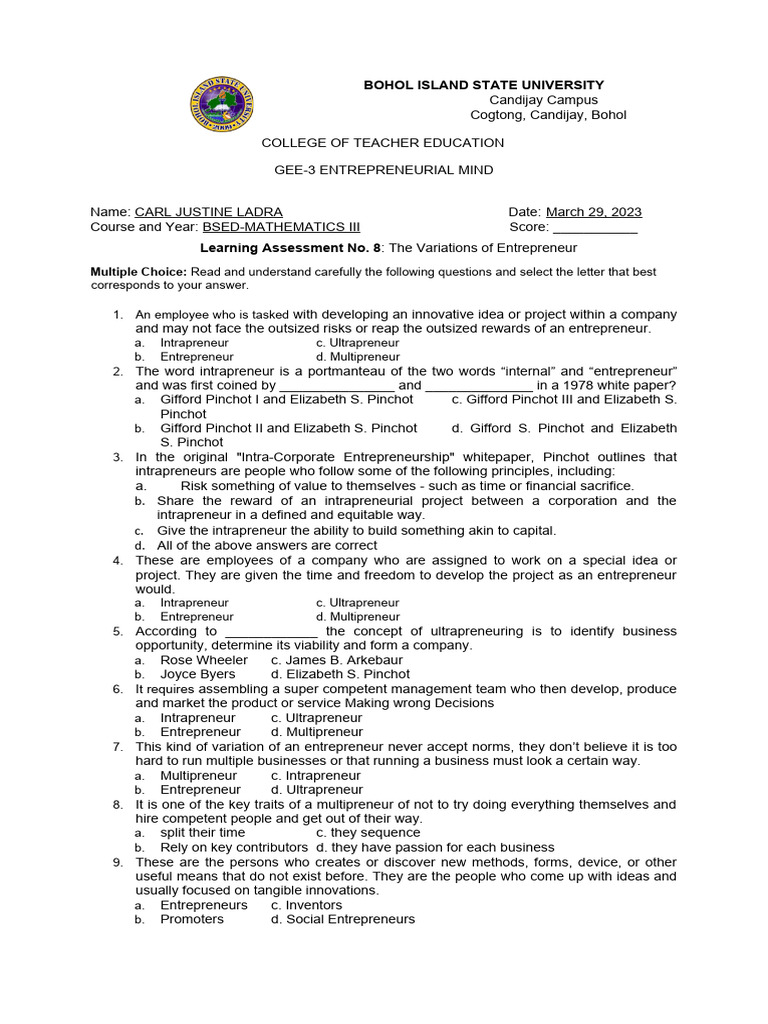 Entrepreneurial Mind Assessment Quiz | PDF | Entrepreneurship | Business