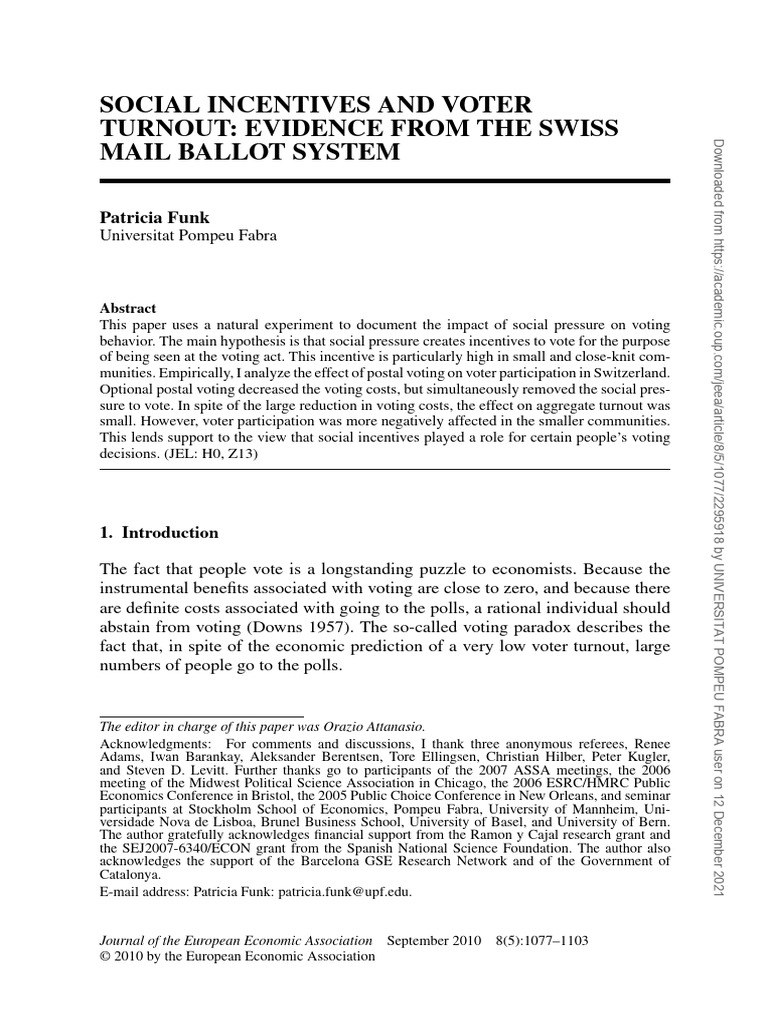 Funk, Incentives For Turnout | PDF | Voter Turnout | Postal Voting