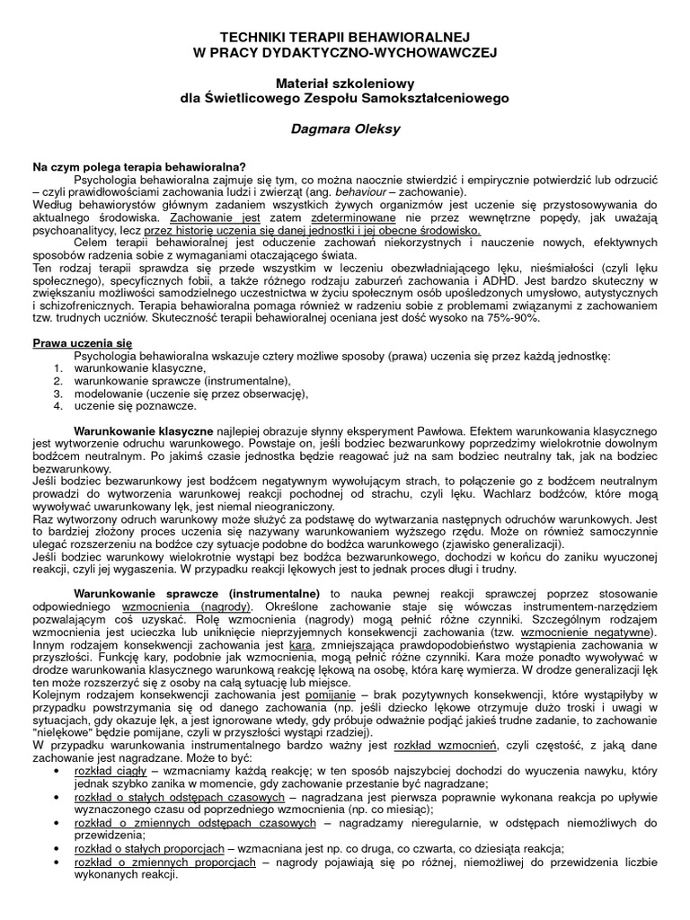 Techniki Terapii Behawioralnej W Pracy Dydaktyczno-Wychowawczej | PDF Techniki Terapii Behawioralnej W Pracy Dydaktyczno-Wychowawczej | PDF