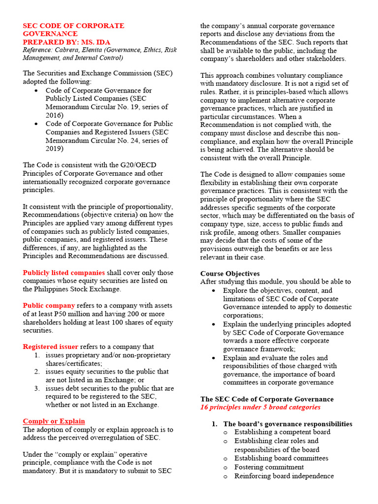 Sec Code of Corporate Governance | Download Free PDF | Board Of Directors | Corporate Governance