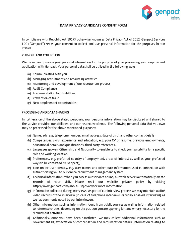 Data Privacy Candidate Consent Form | PDF | Privacy | Information Privacy