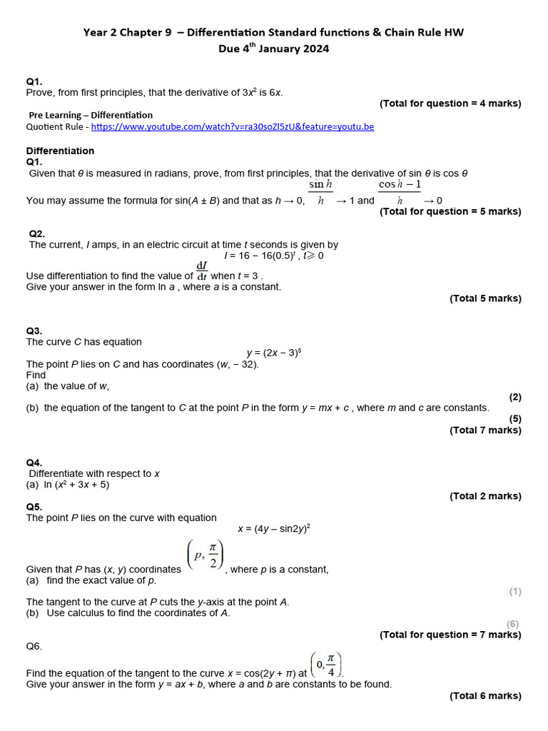 Differentiation HW Standard Functions - Chain Rule | PDF | Derivative | Trigonometric Functions