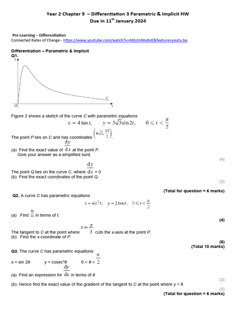 Differentiation Hw 3 Parametric Implicit Pdf Curve Equations