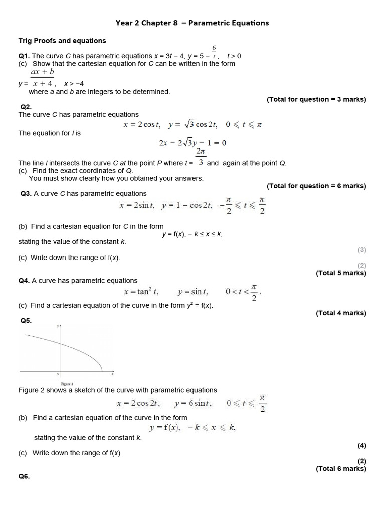 Parametric Equation Hw Pdf Equations Mathematical Concepts