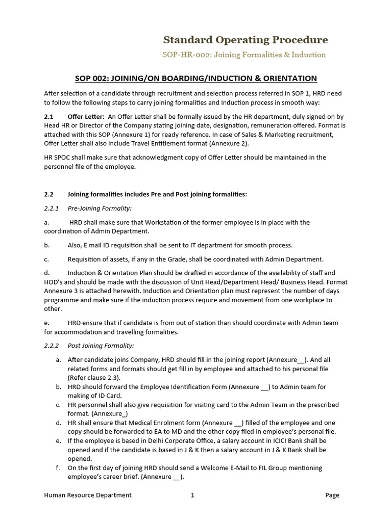 Sop Joining | PDF | Human Resource Management | Employment