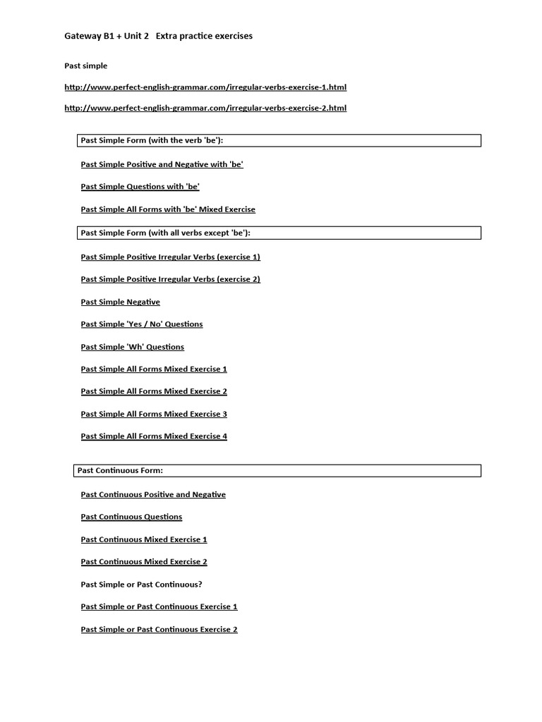 GW B1+ Unit 2 Verb Tenses Extra Practice Ex | PDF